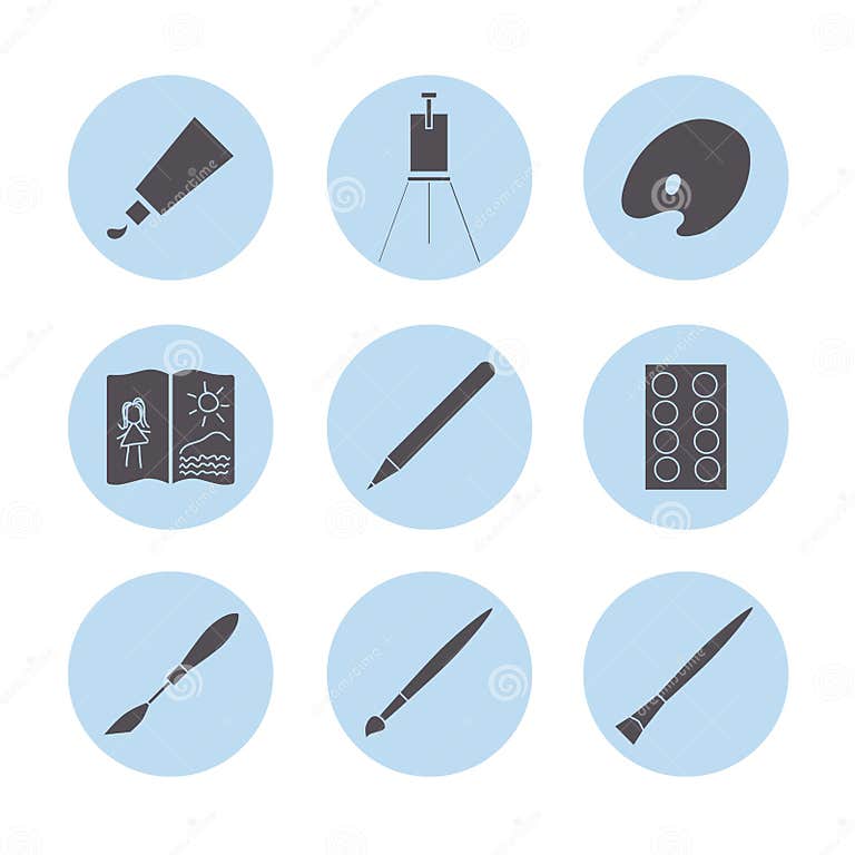 Art materials icons set. stock vector. Illustration of brushstroke ...