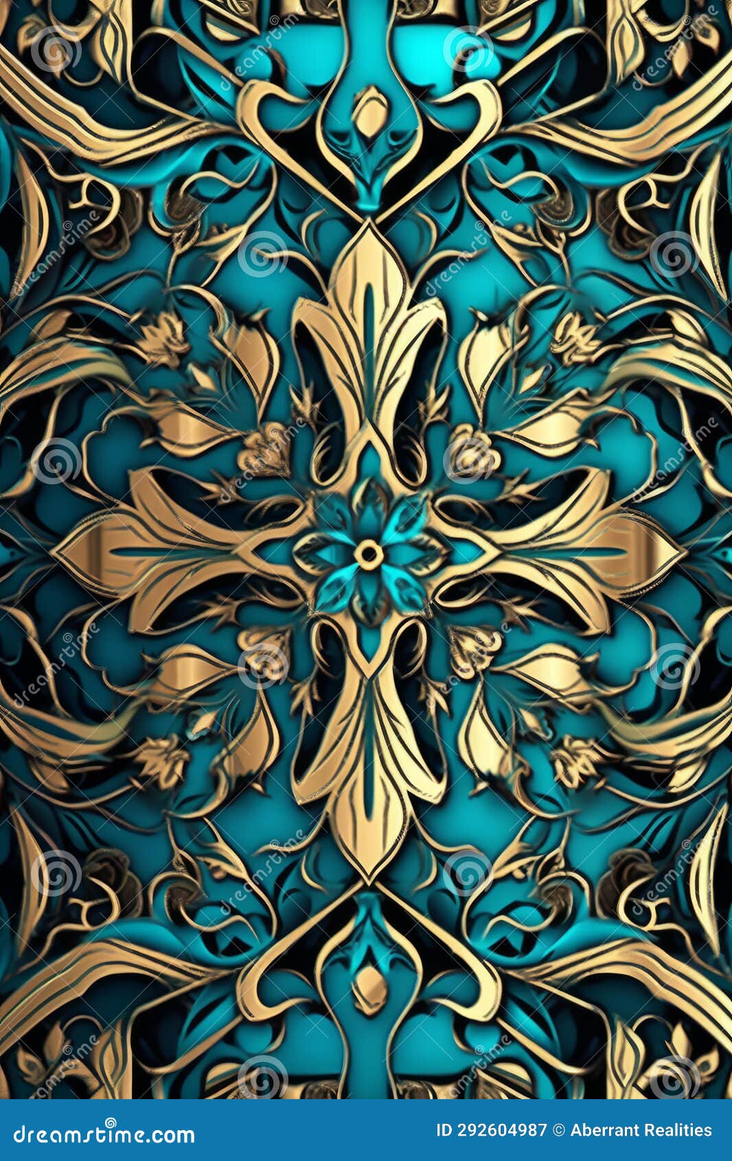 Art Nouveau Gold and Turquoise Seamless Pattern Stock Illustration ...