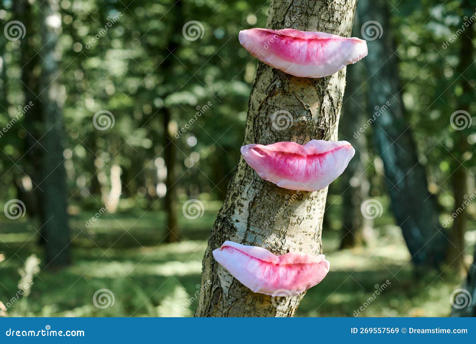 Art Object of Human Lips on Tree Trunk in Green Forest Background ...