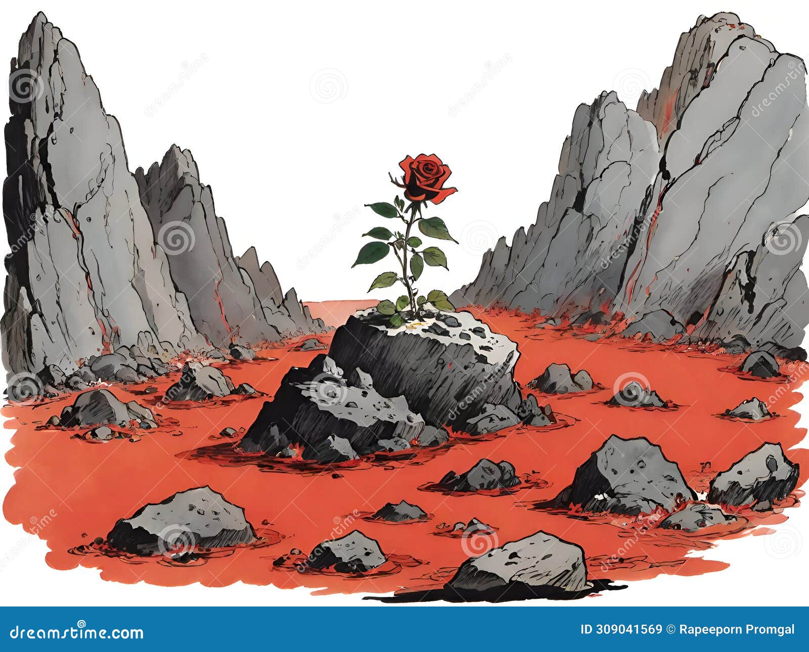 Art Painted Red Rose in Fiery Hell Stock Illustration - Illustration of ...