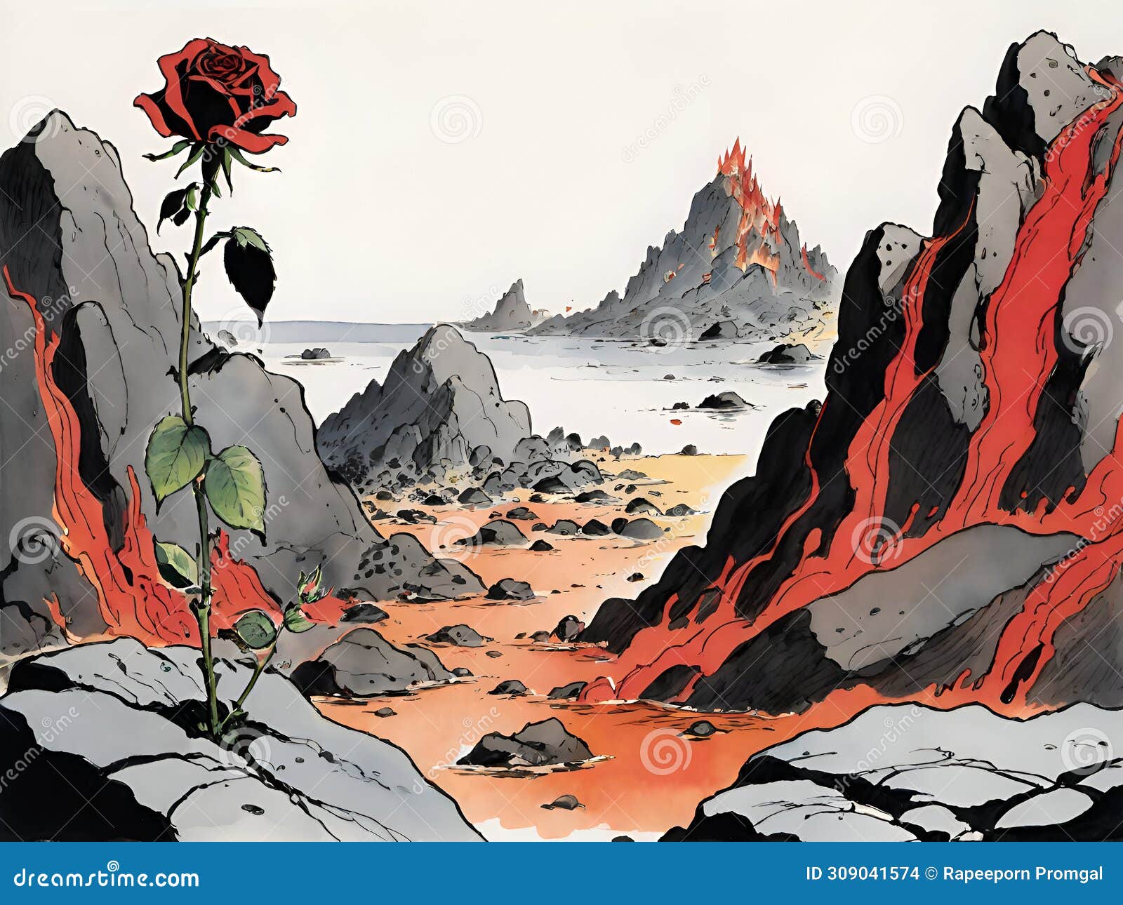 Art Painted Red Rose in Fiery Hell Stock Illustration - Illustration of ...