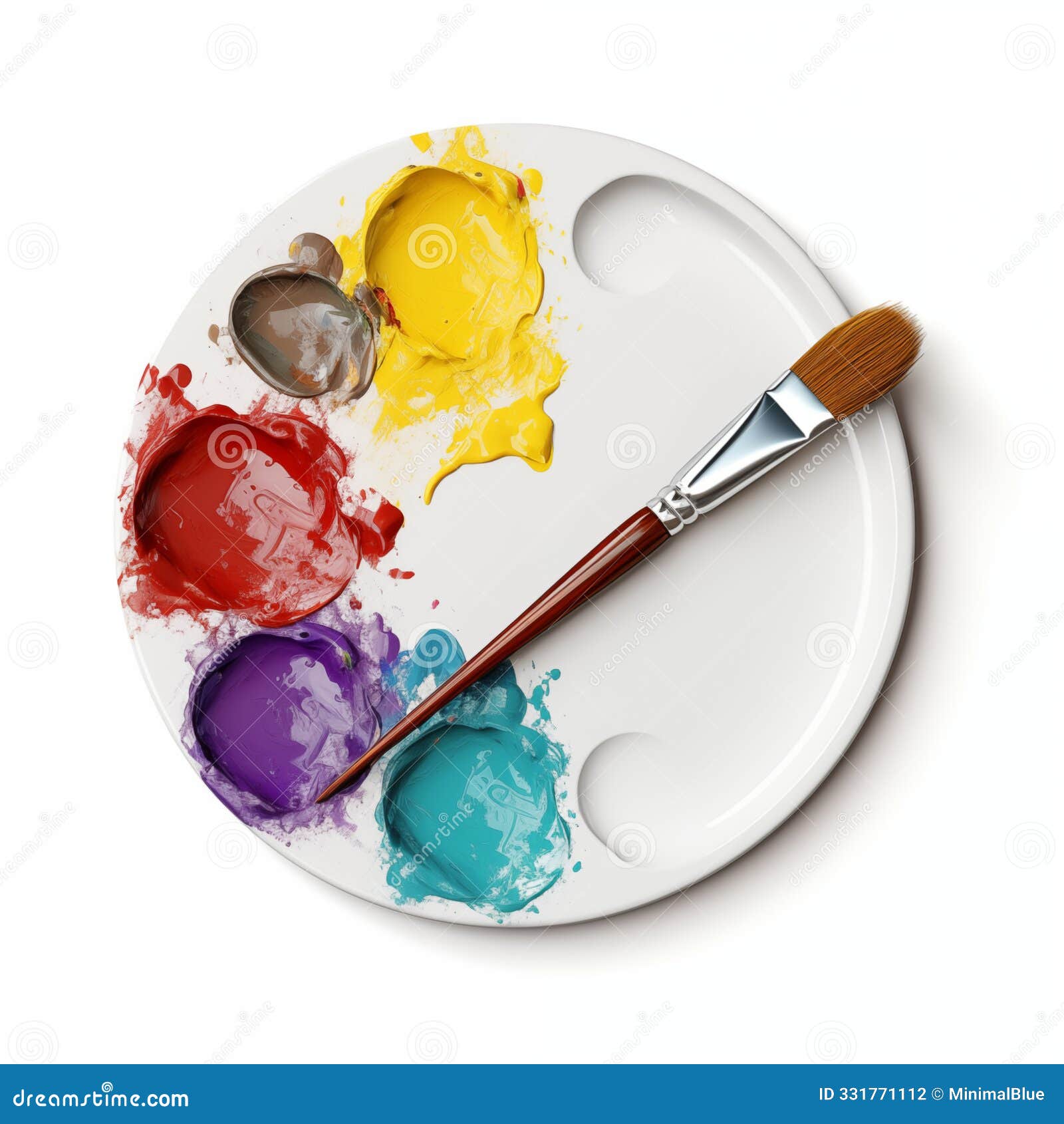 Art Palette with Multiple Paint Colors and a Brush Isolated on White ...