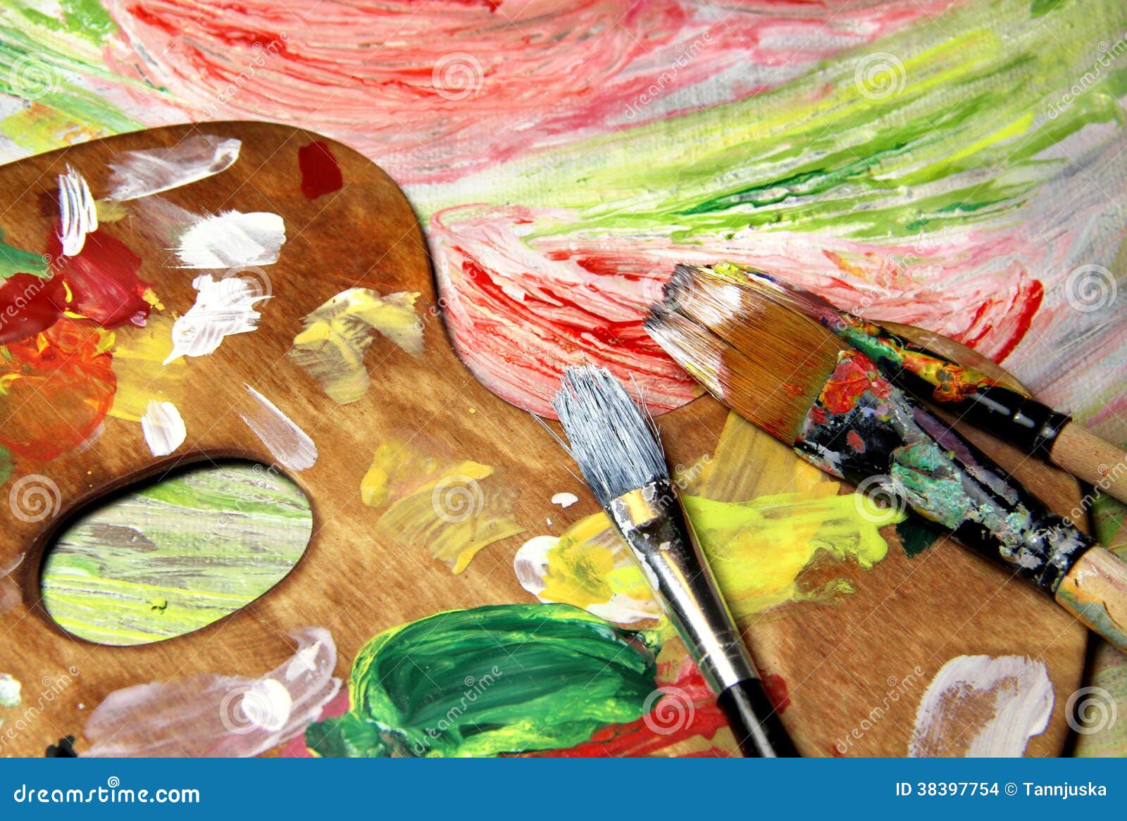 Art Palette, Paintbrushes and Picture with Flowers Stock Photo - Image ...