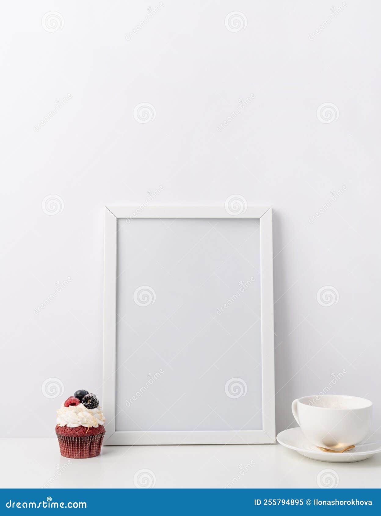 Art Photo Frame Mockup with Cup of Coffee and Cupcake, White Background ...