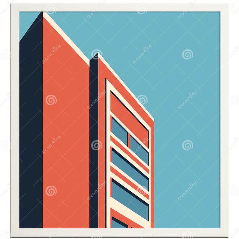 An Art Print of a Building in Red and Blue Stock Illustration ...