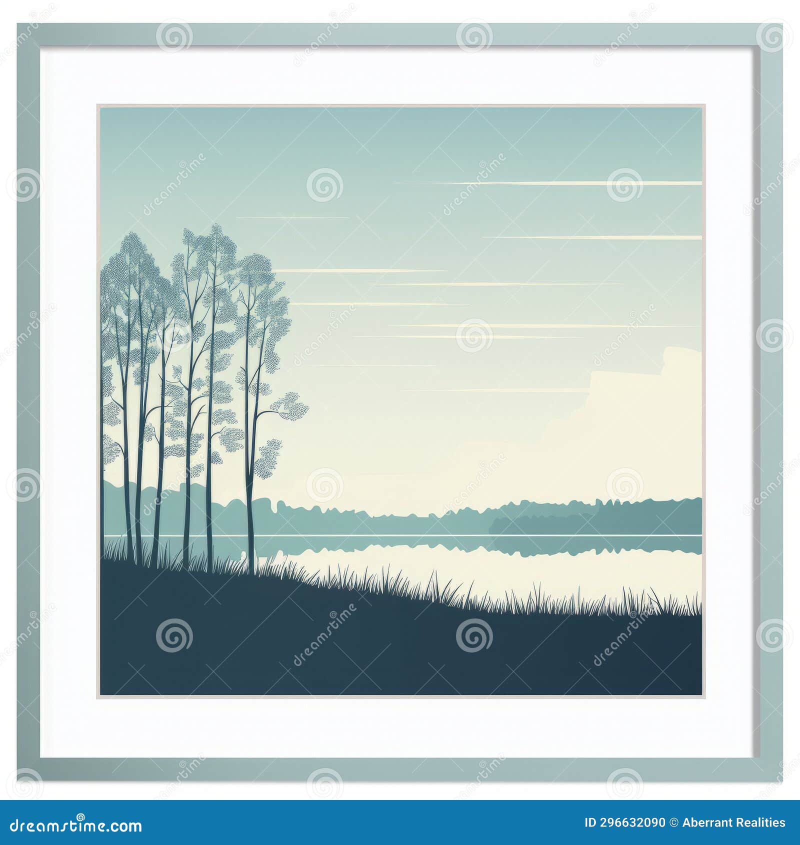 An Art Print of a Lake with Trees in the Background Stock Illustration ...