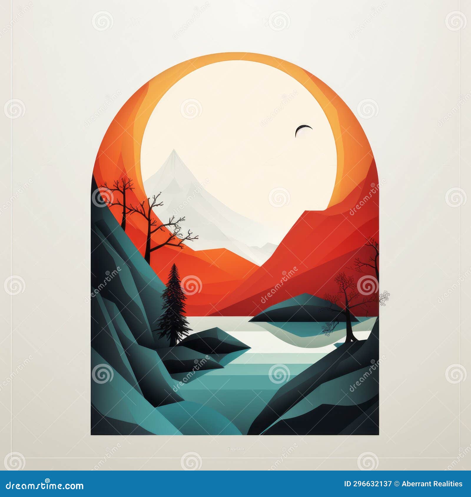 An Art Print of a Mountain Scene with a Sun in the Background Stock ...