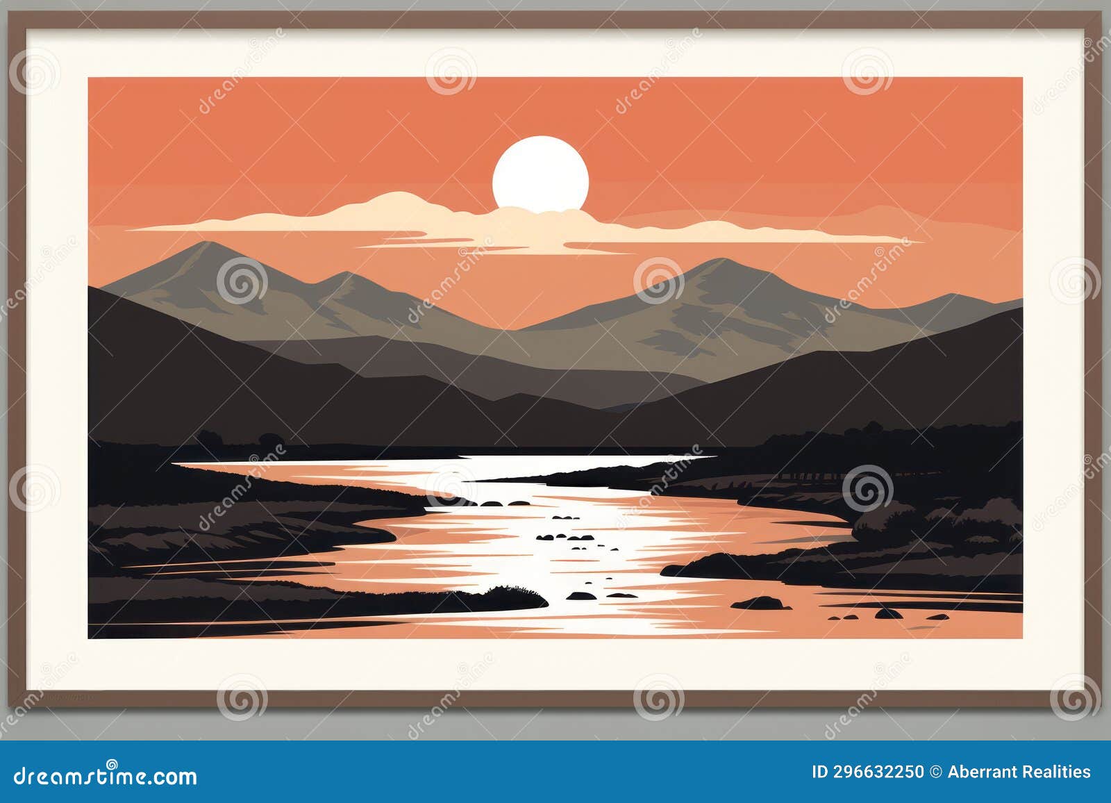 An Art Print of the Mountains and River at Sunset Stock Illustration ...