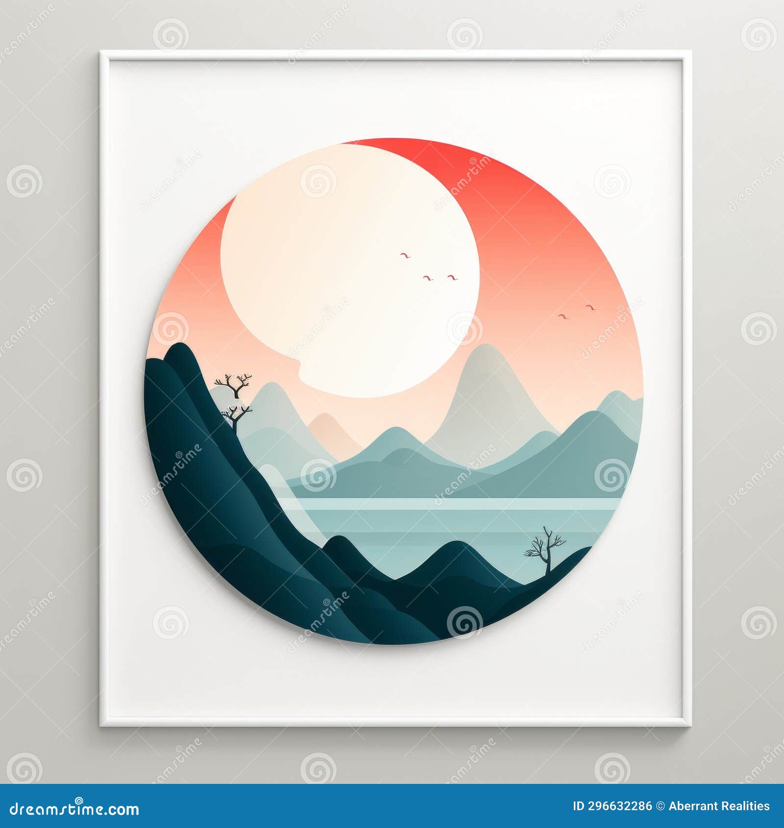 An Art Print with Mountains and a Sun in the Background Stock ...