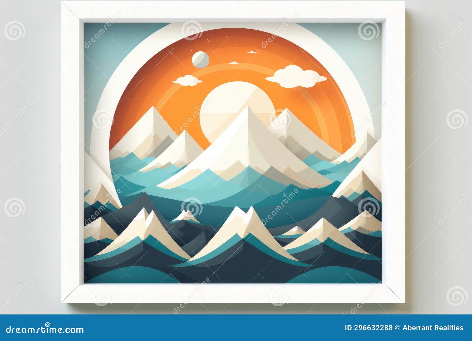 An Art Print with Mountains and Sun in the Background Stock ...