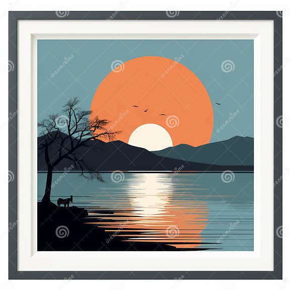 An Art Print of the Sun Setting Over a Lake Stock Illustration ...