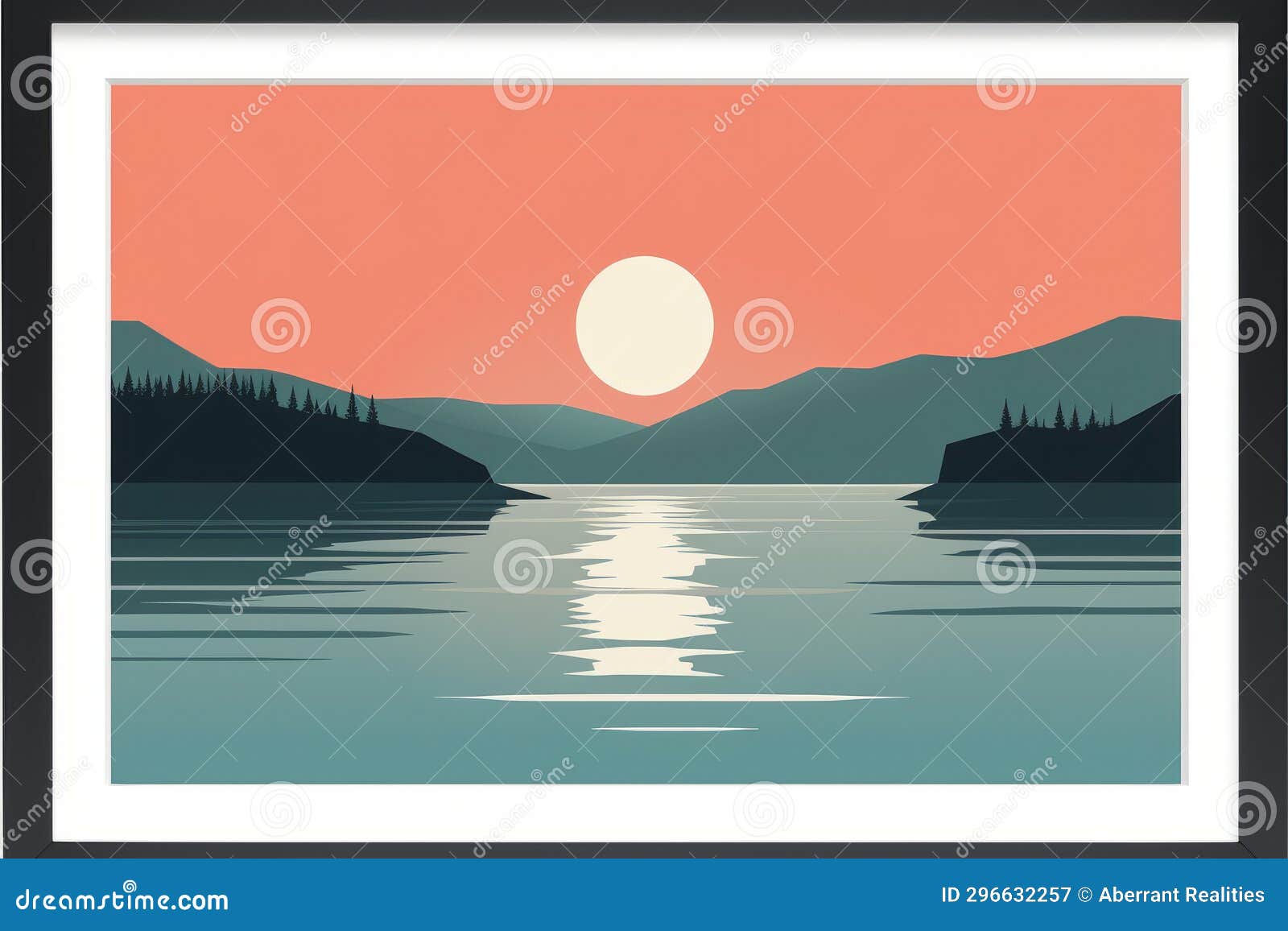 An Art Print of the Sun Setting Over a Lake Stock Illustration ...