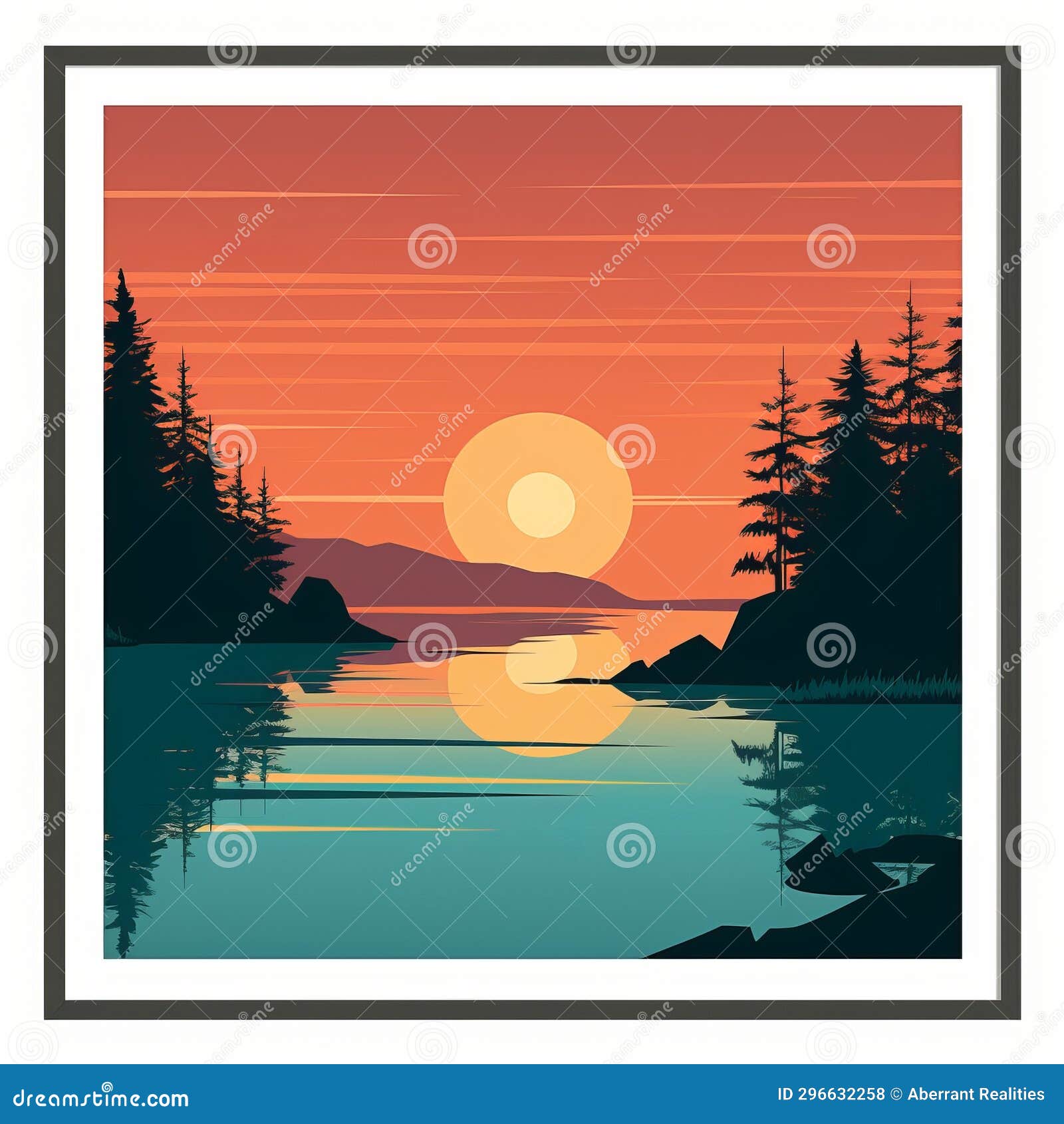 An Art Print of the Sun Setting Over a Lake Stock Illustration ...