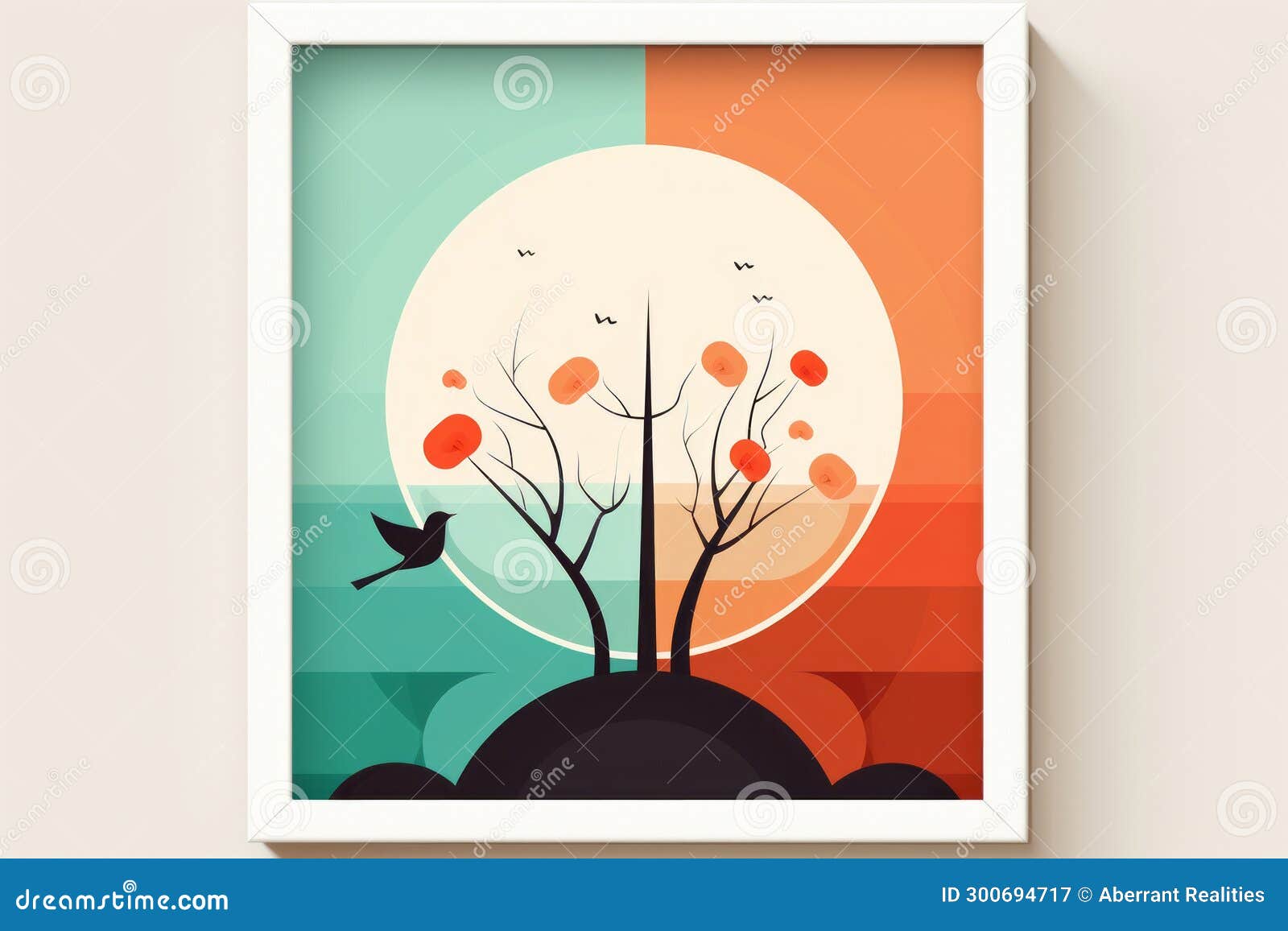 An Art Print of a Tree with Birds Flying Above it Stock Illustration ...
