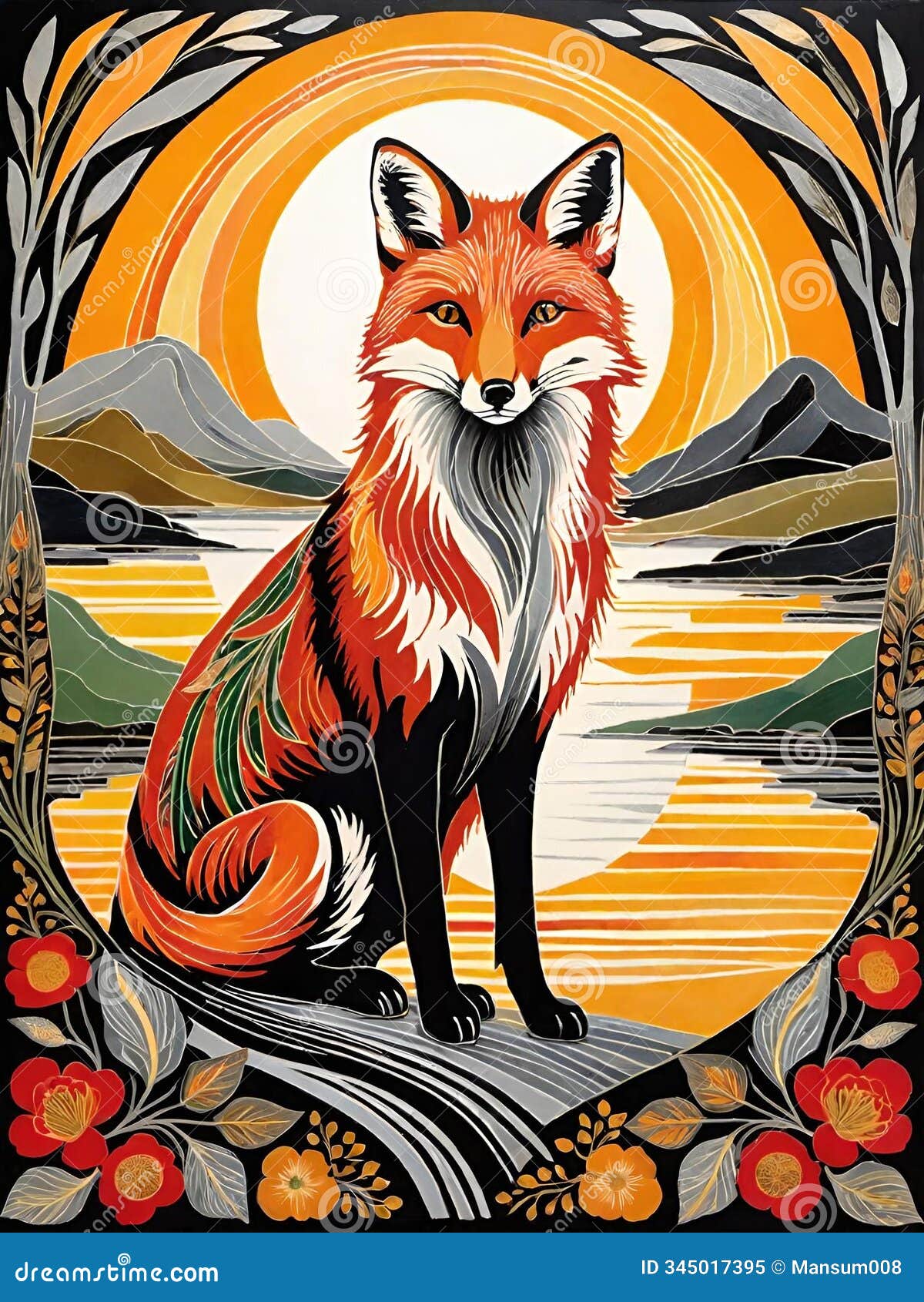 Art red fox in a forest stock image. Image of drawing - 345017395