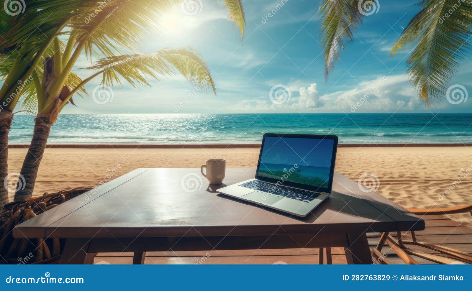 Art Remote Work in a Tropical Sea Beach. Dream Work Office Background ...