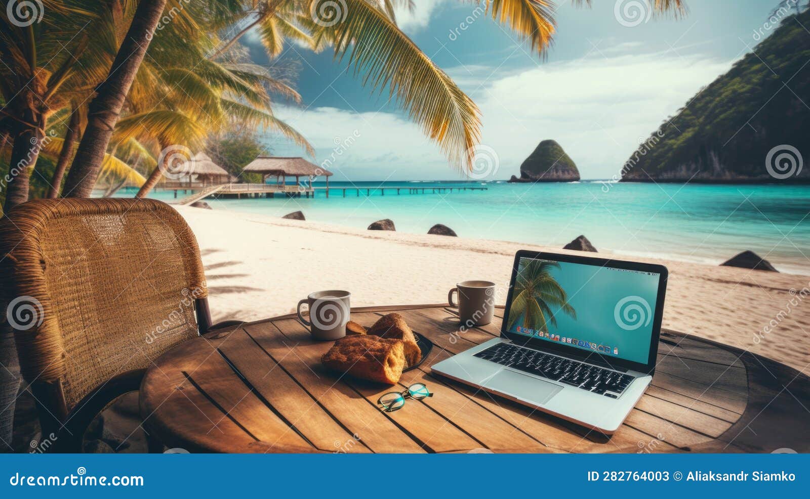 Art Remote Work in a Tropical Sea Beach. Dream Work Office Background ...