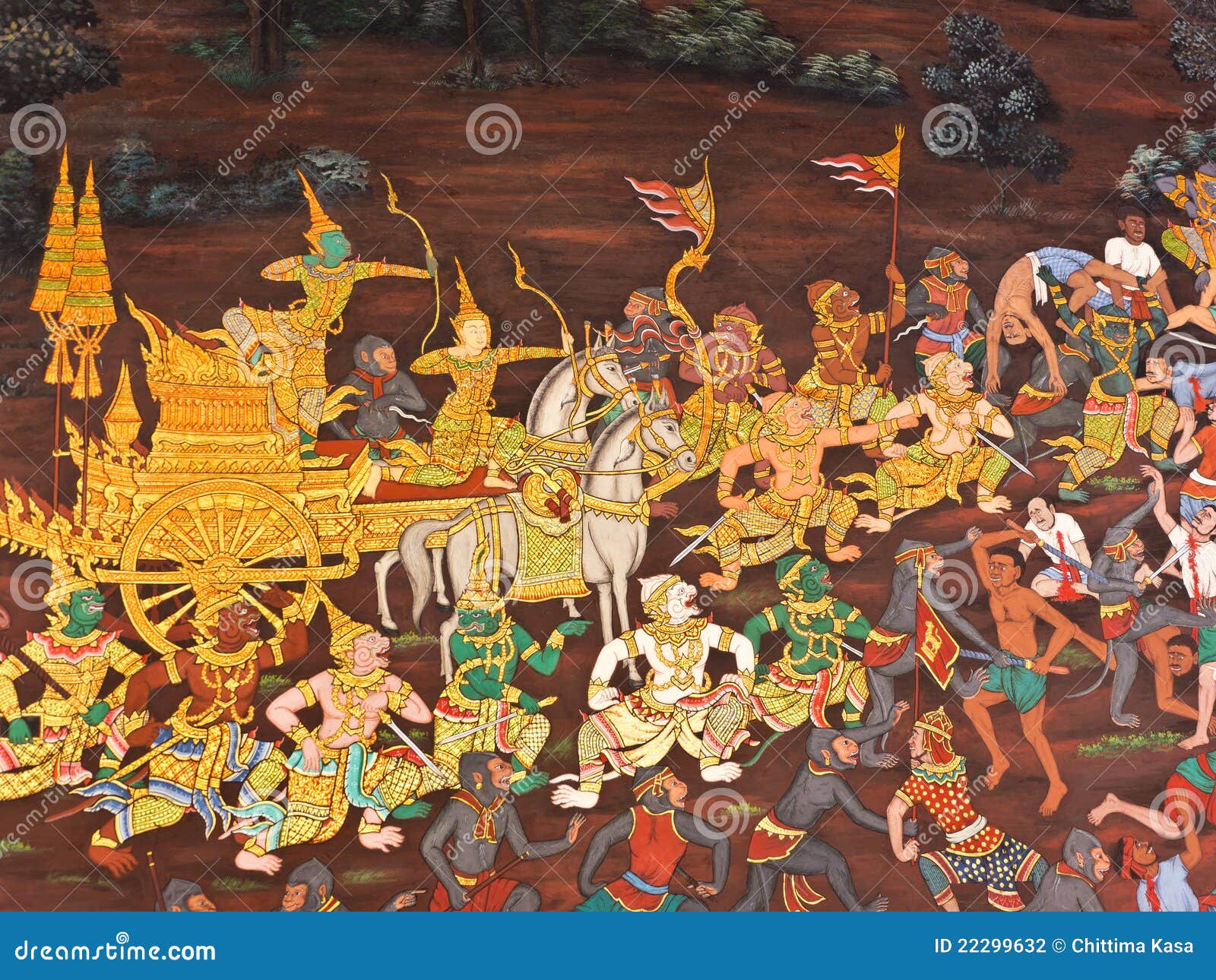 Art on Royal Thai Temple Wall Stock Photo - Image of angel, golden ...