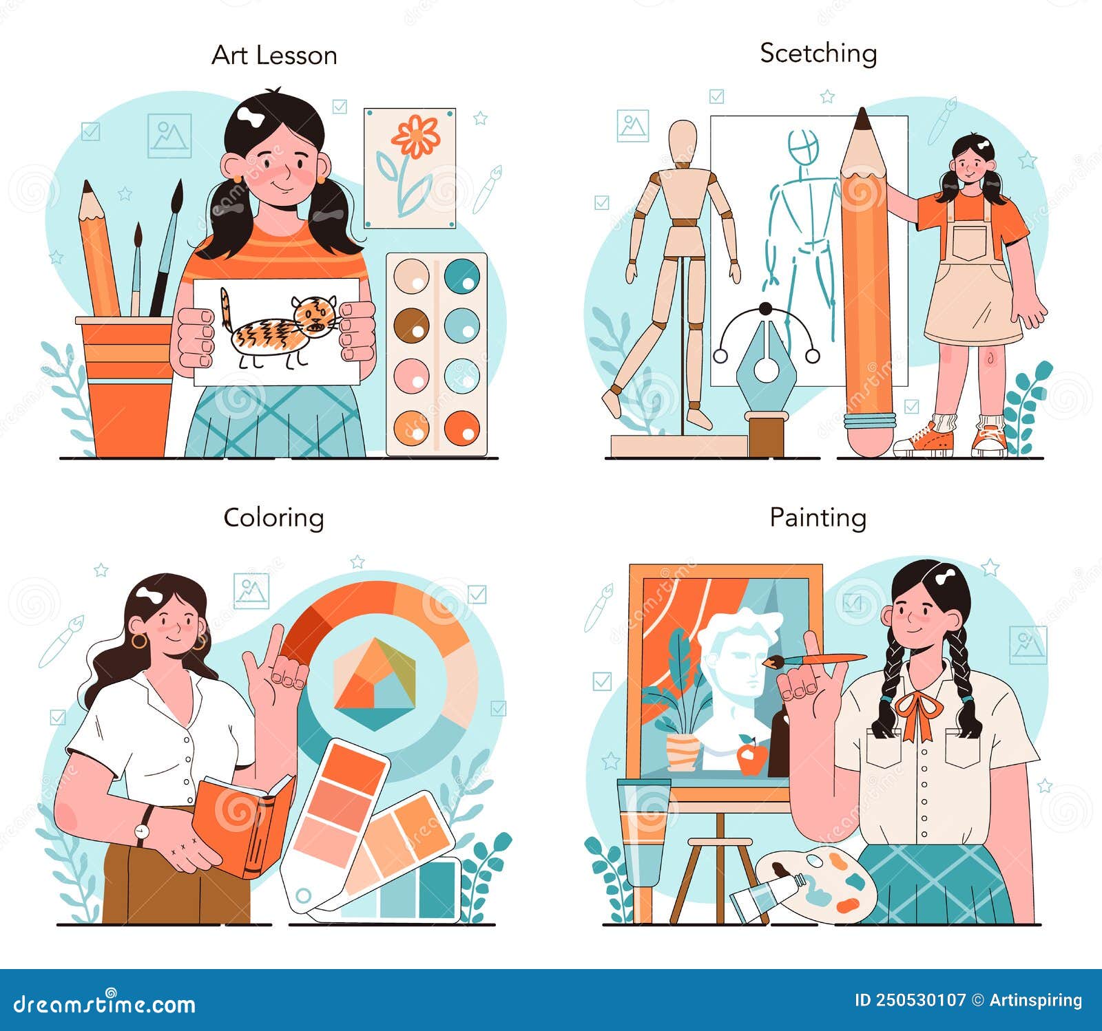 Art School Education Set. Student Holding Art Tools Learning How To ...