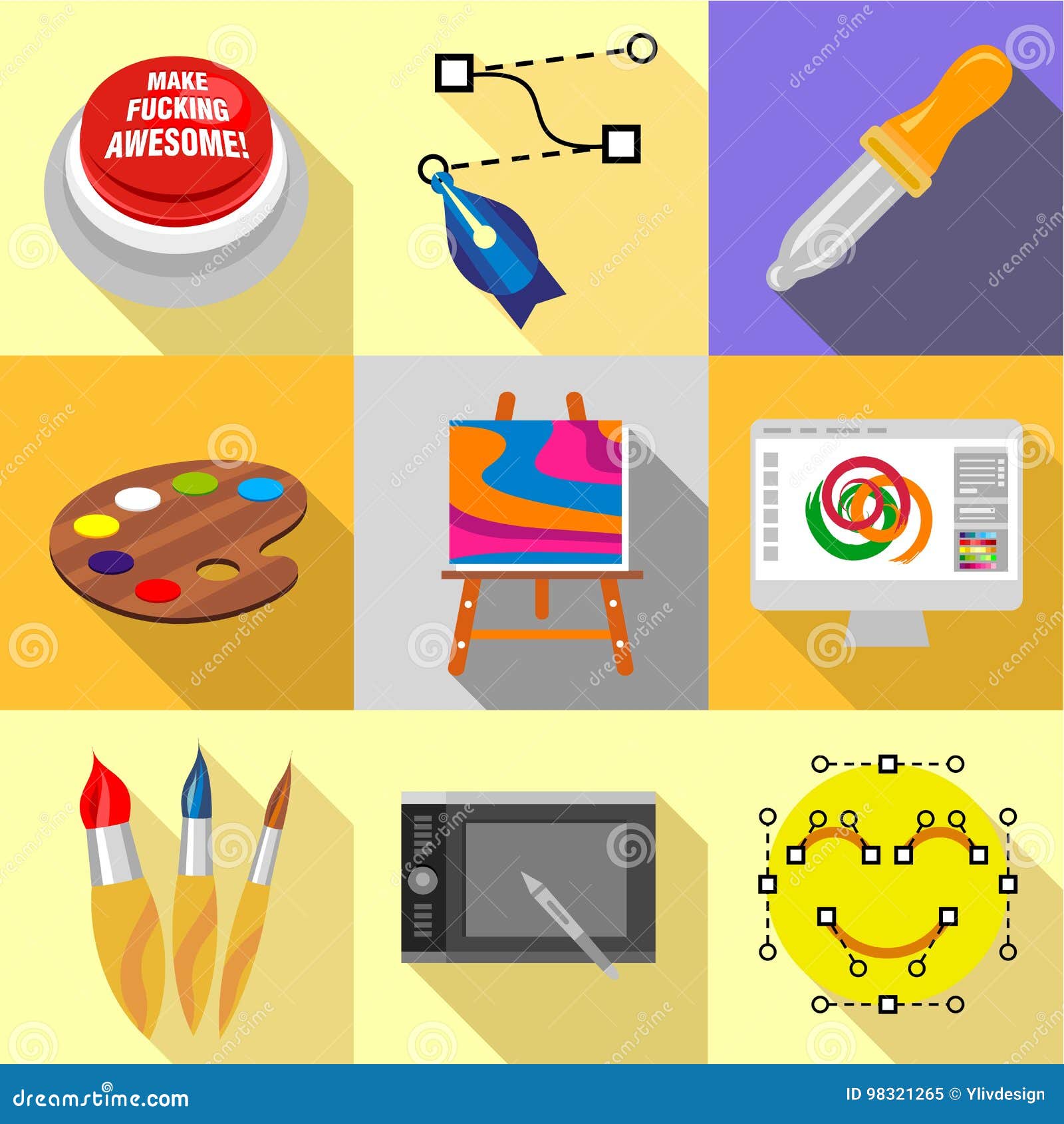 Art School Icons Set, Flat Style Stock Vector - Illustration of ...
