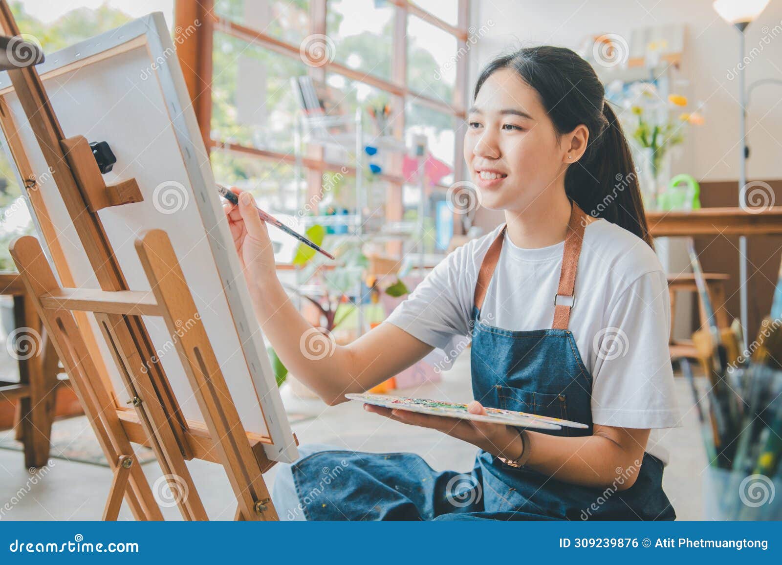 Art Student Drawing with Watercolor Painting on Canvas Doing Some Art ...