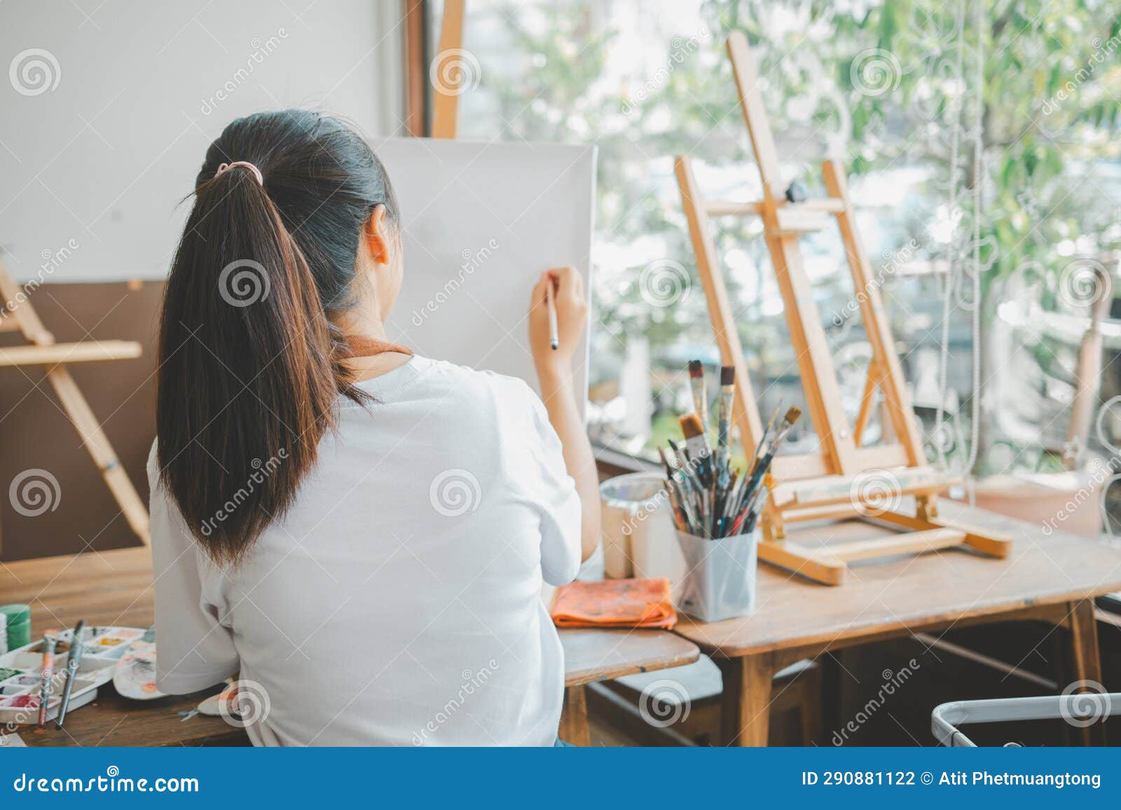 Art Student Drawing with Watercolor Painting on Canvas Doing Some Art ...