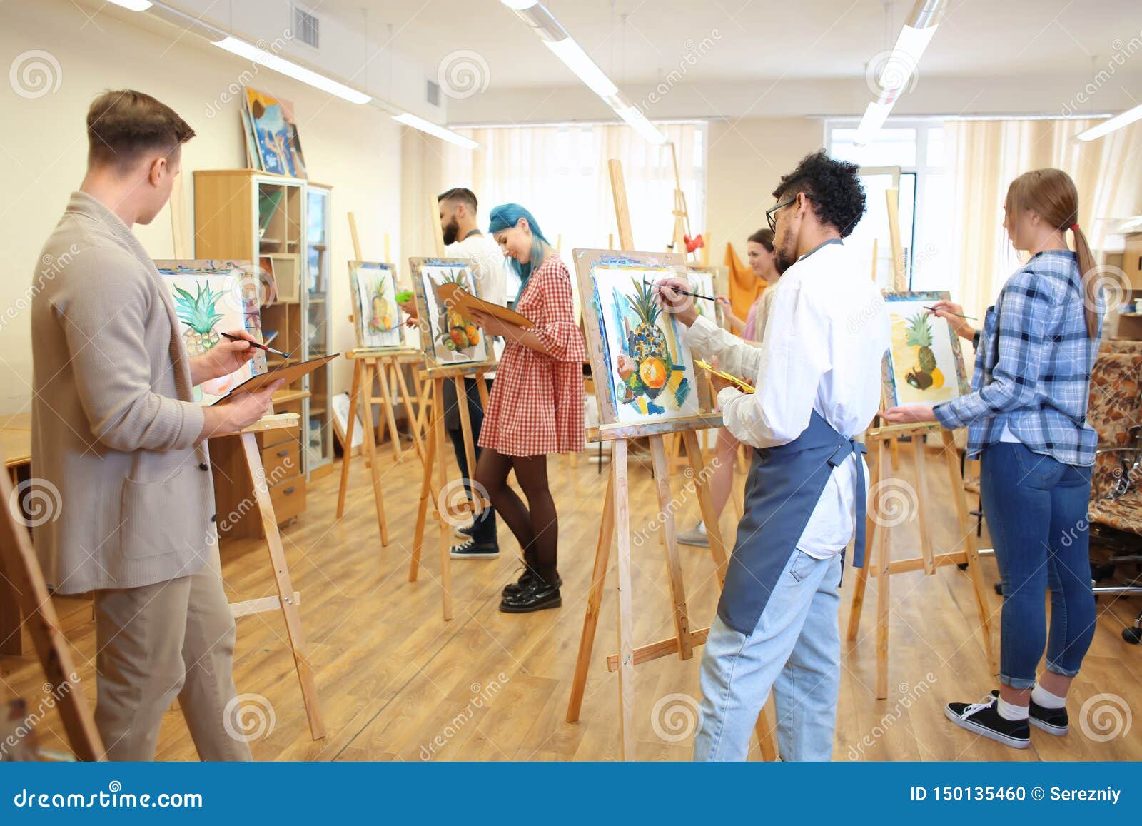 Art Students Painting in Workshop Stock Photo - Image of easel ...