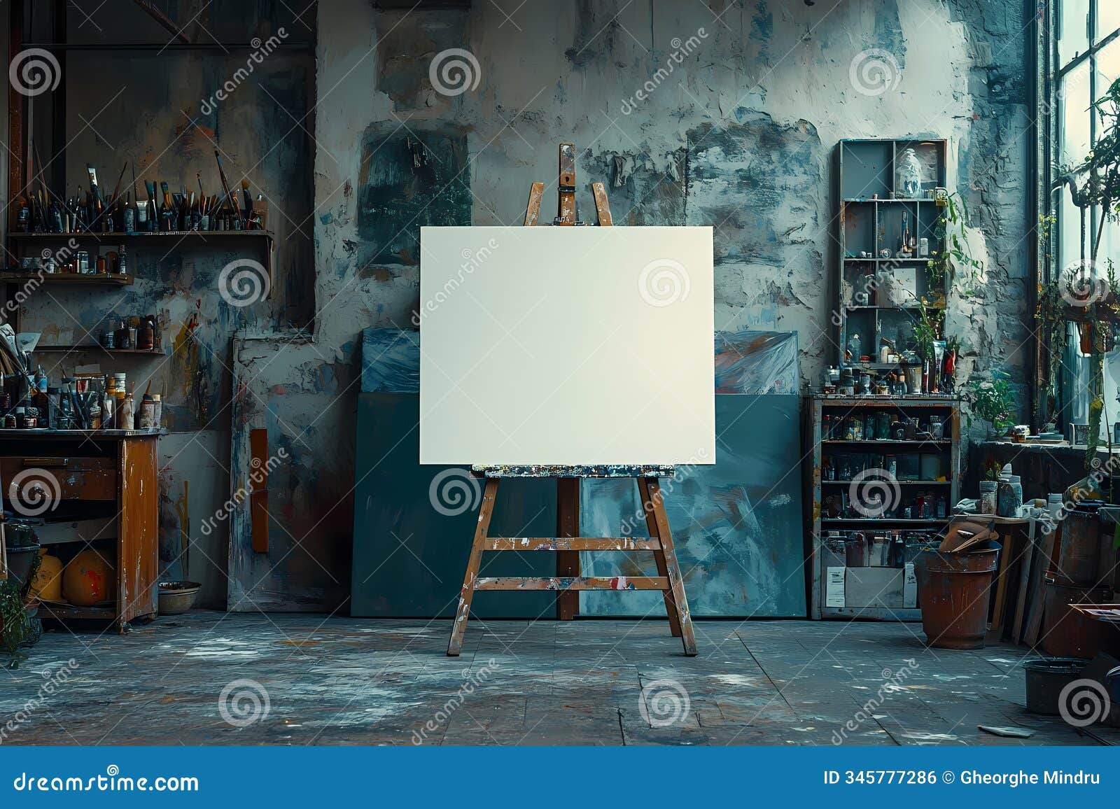 An Art Studio with a Blank Canvas on an Easel in the Center, in a ...