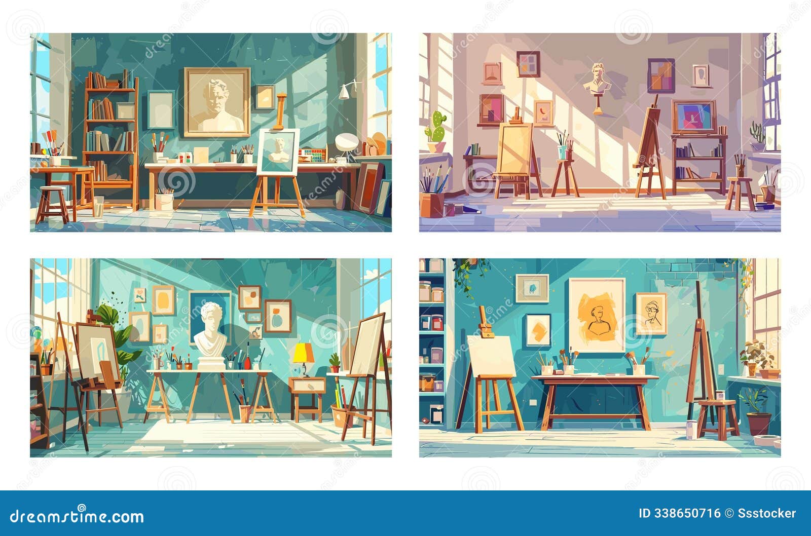 Art Studio Cartoon Vector Concepts. Easels Busts Painted Shelves Window ...