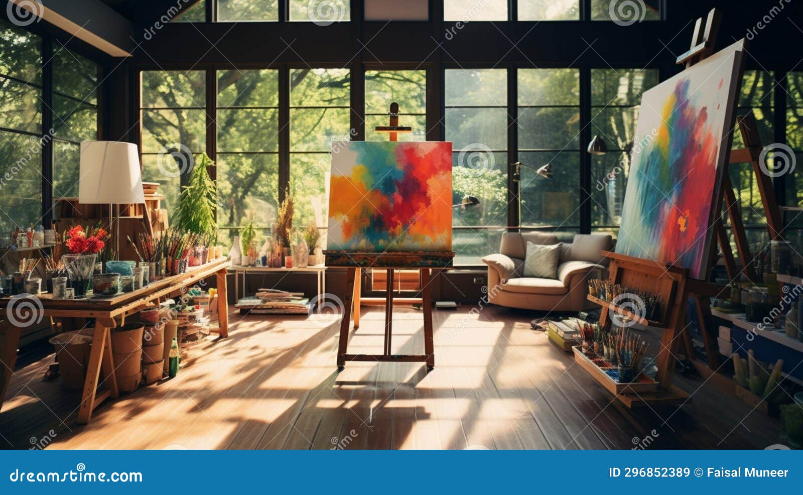 An Art Studio with Natural Light and Colorful Paint Palettes Stock ...
