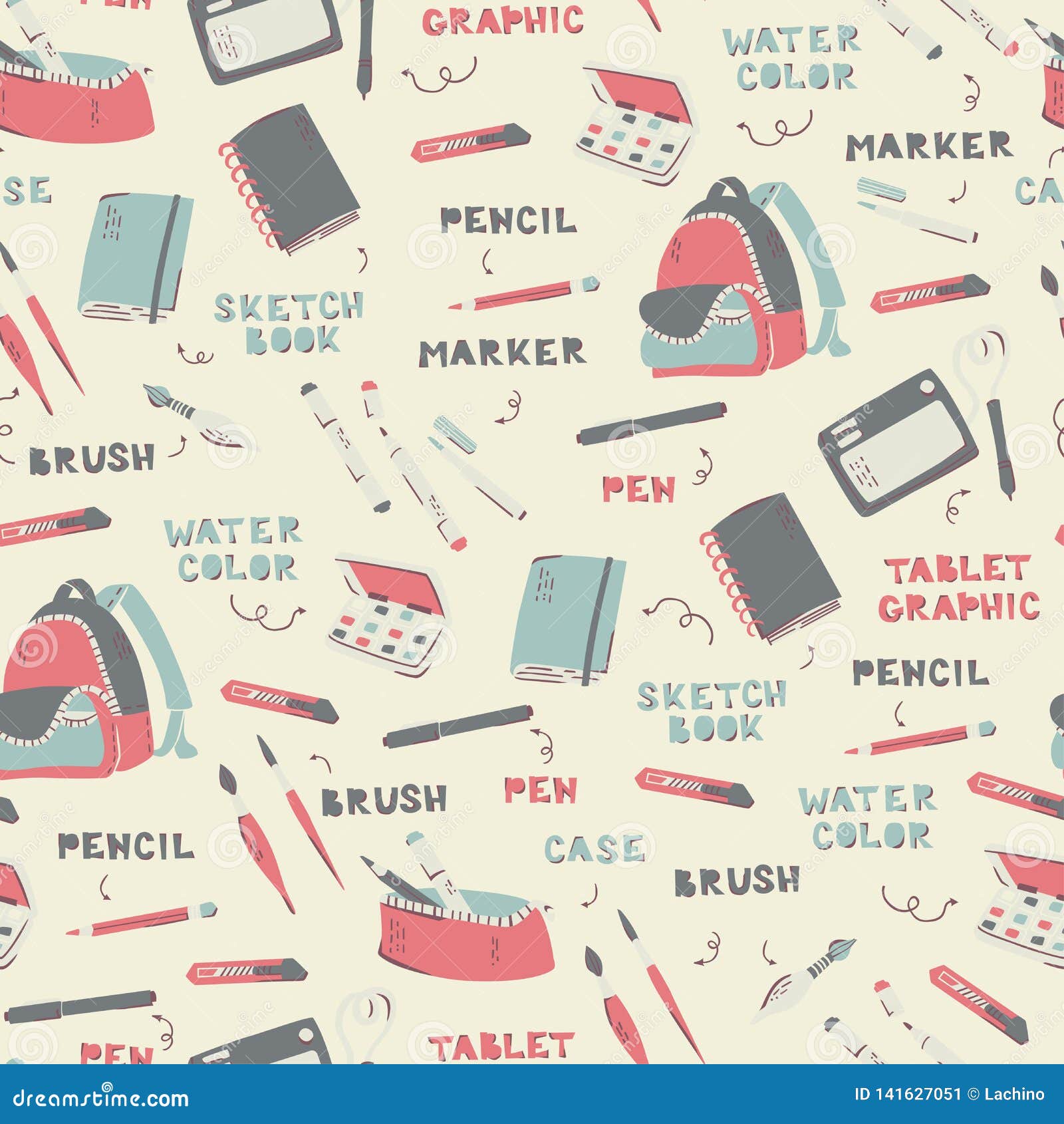Seamless Pattern With Hand Drawn Vector Art Supplies On White ... Seamless Pattern With Hand Drawn Vector Art Supplies On White ...