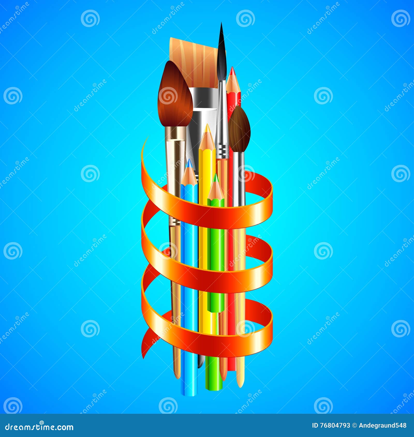 Art Tools Wrapped with Red Ribbon on Blue Background Stock Vector ...