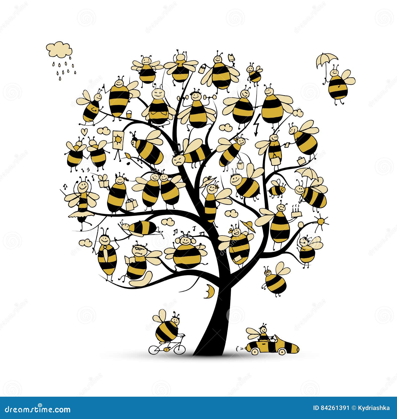 Art Tree with Family Bees, Sketch for Your Design Stock Vector ...