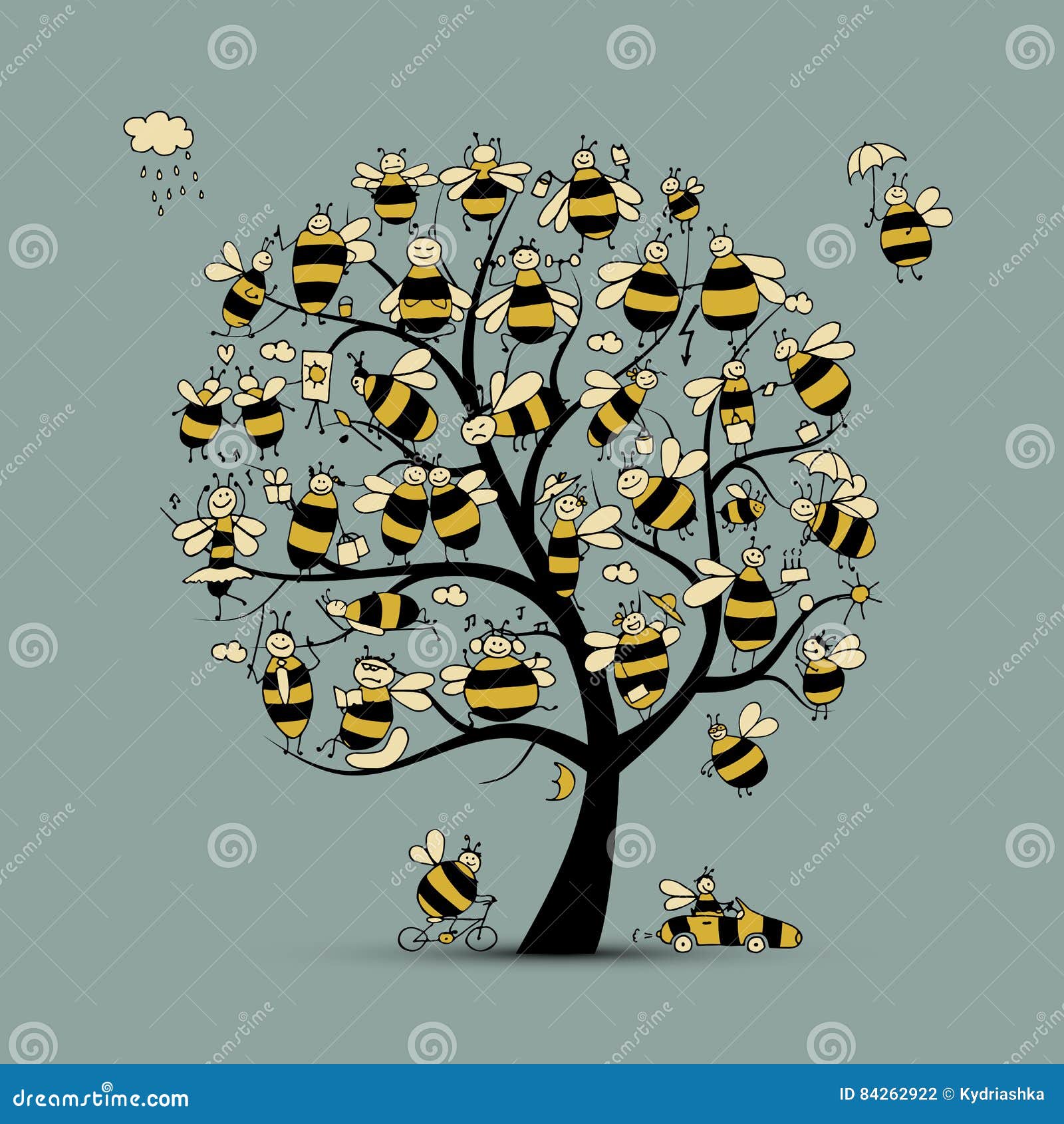 Art Tree with Family Bees, Sketch for Your Design Stock Vector ...
