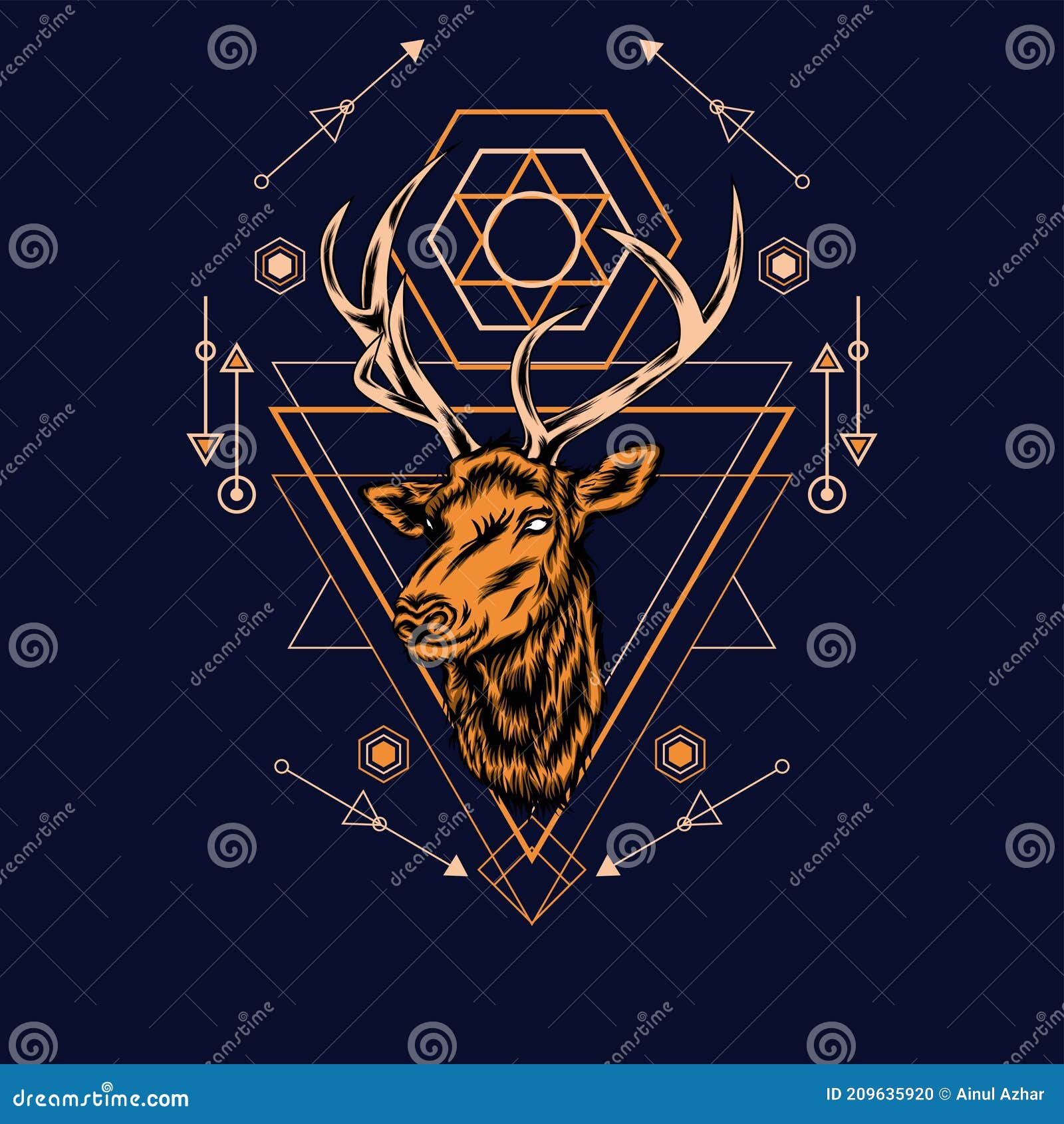 Deer Head with Sacred Geometry Pattern on Black Background-vector Retr ...
