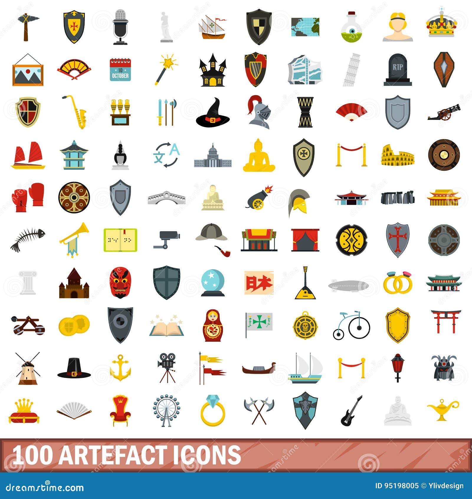 100 Artefact Icons Set, Flat Style Stock Vector - Illustration of ...