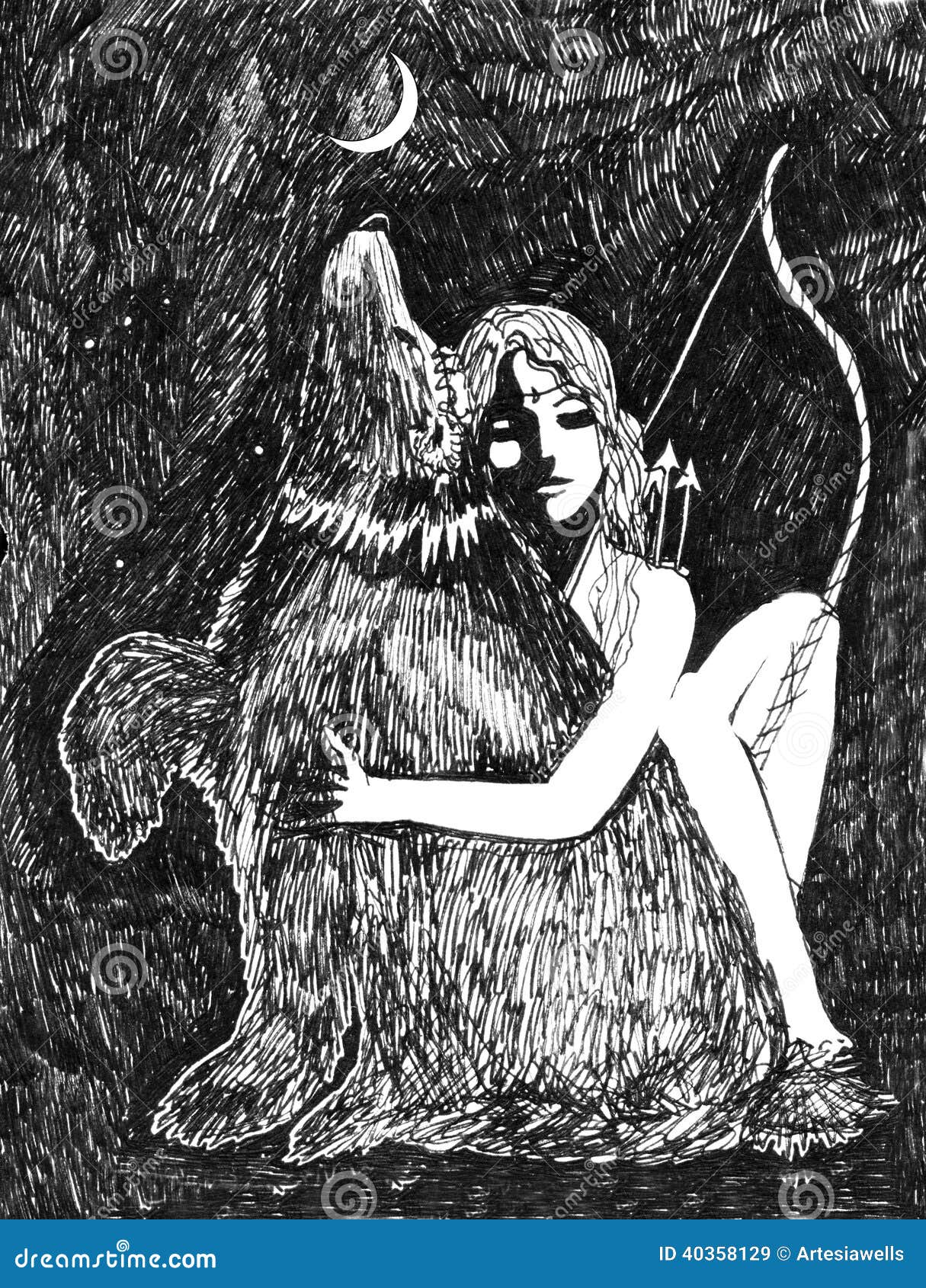 Artemis and Bear Ink Sketch Fantasy Stock Illustration - Illustration ...