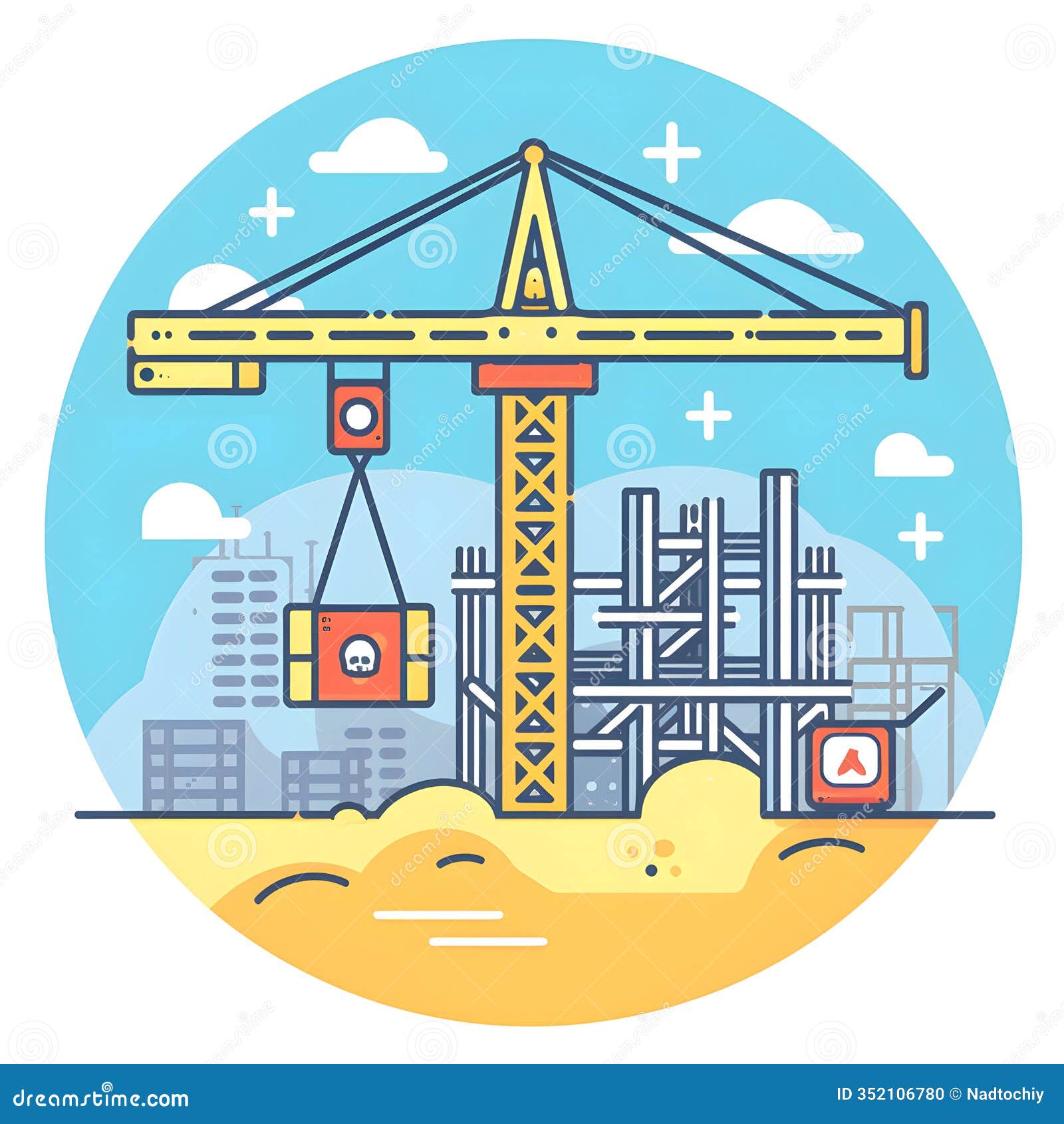Artistic Crane Illustration on Construction Site with Triangle Roof and ...