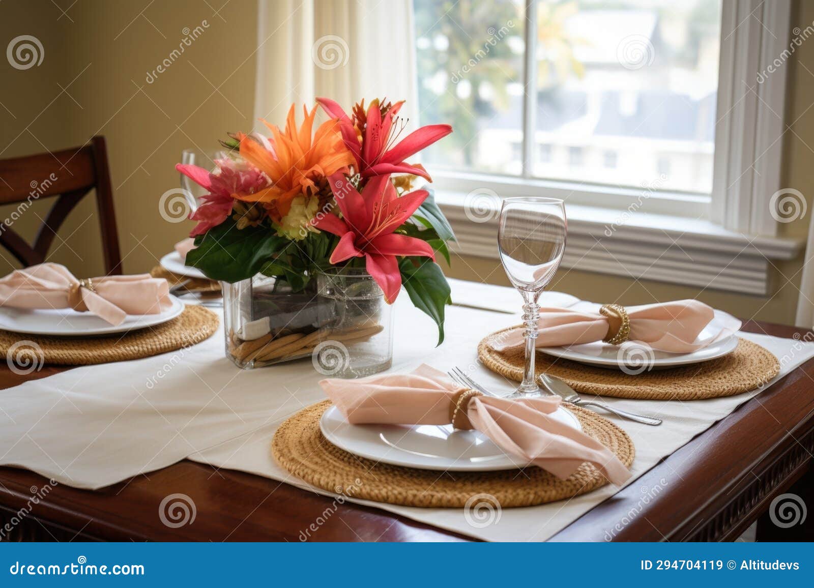 Artfully Arranged Centerpiece on a Table Set with Utensils and Napkins ...