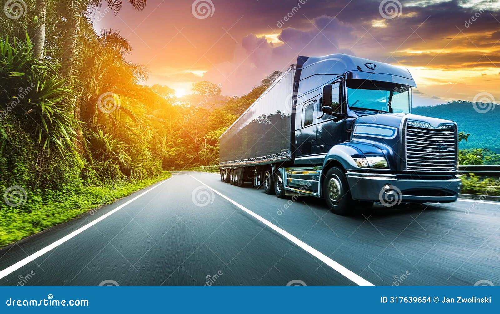 Articulated Lorry Fast Running On Highway Through Forested Area Royalty ...