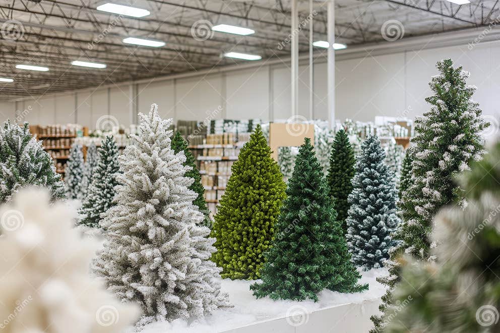 Artificial Christmas Trees in Warehouse Setting with Varieties and Snow ...