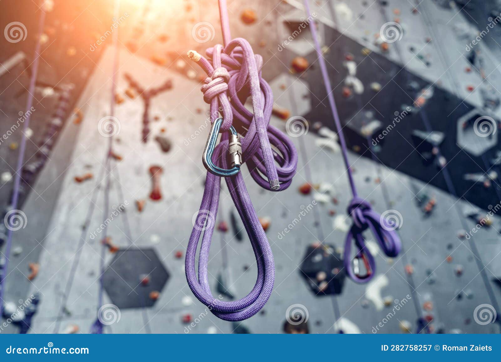 Artificial Climbing Wall with Colorful Grips and Ropes Stock Image ...