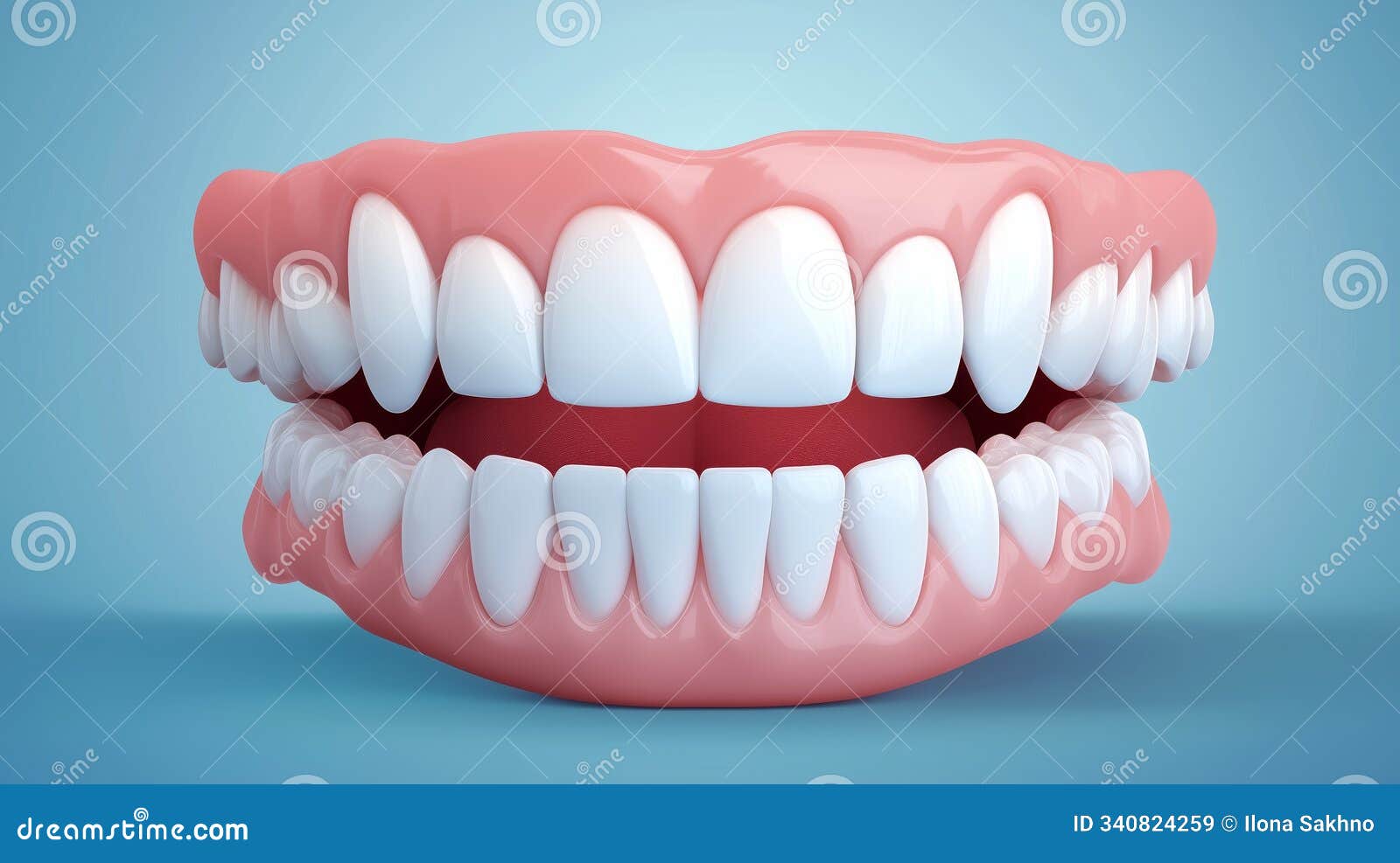 Artificial Dentures with Perfect White Teeth on a Blue Background Stock ...