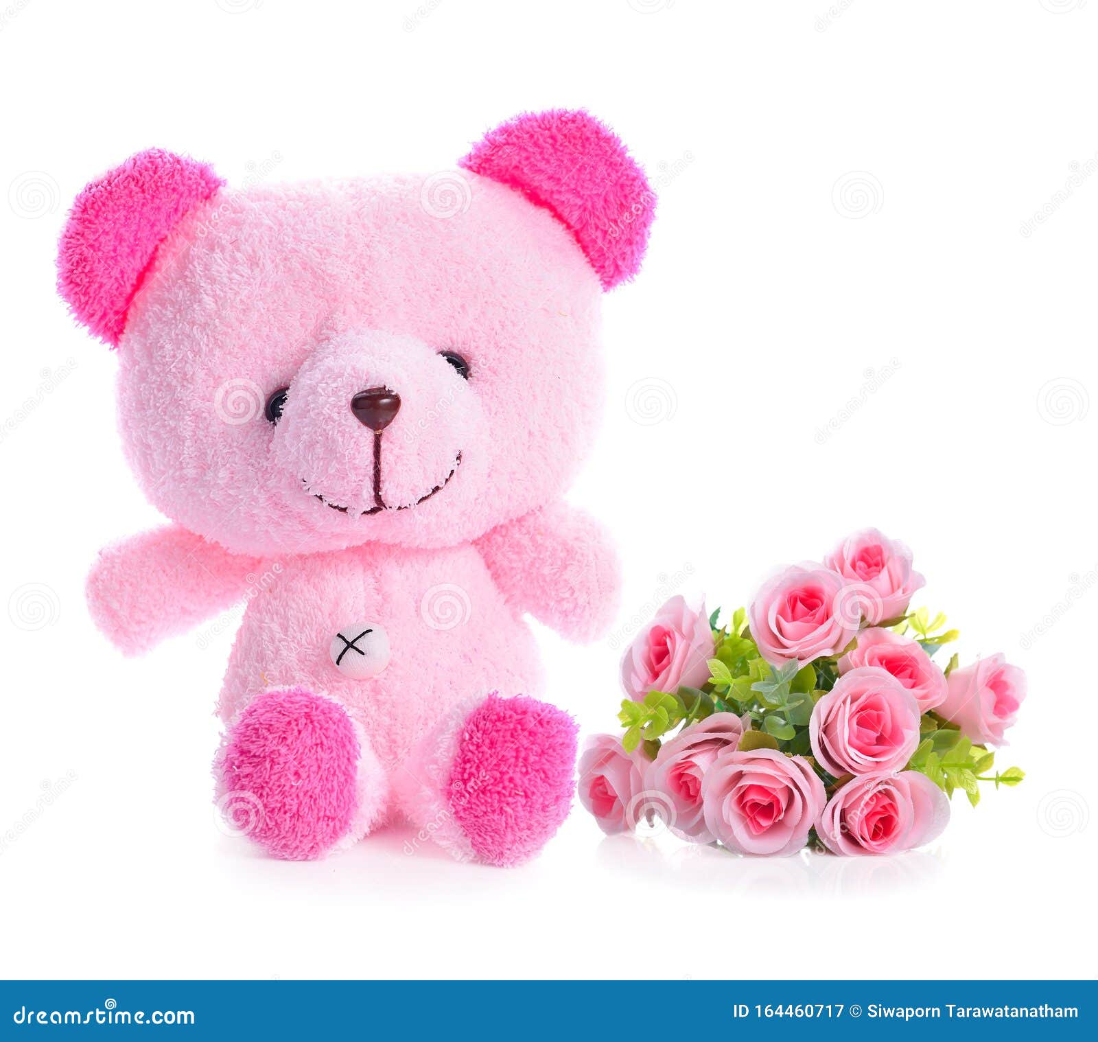 Artificial Flowers And Pink Teddy Bear Isolated On White Stock Image