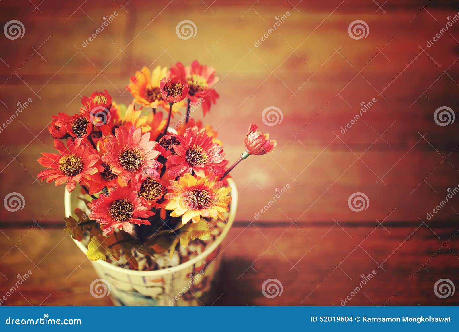 Artificial Flowers in Small Pot on Wooden Table. Vintage Style Image ...