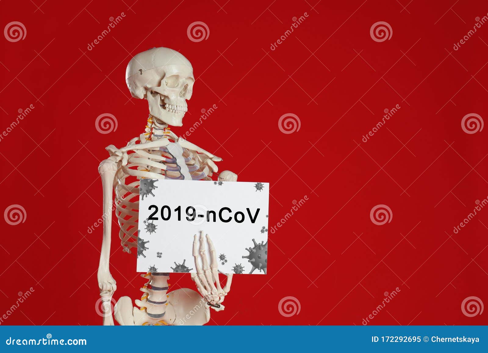Artificial Human Skeleton with Illustration of Virus on Red Background ...