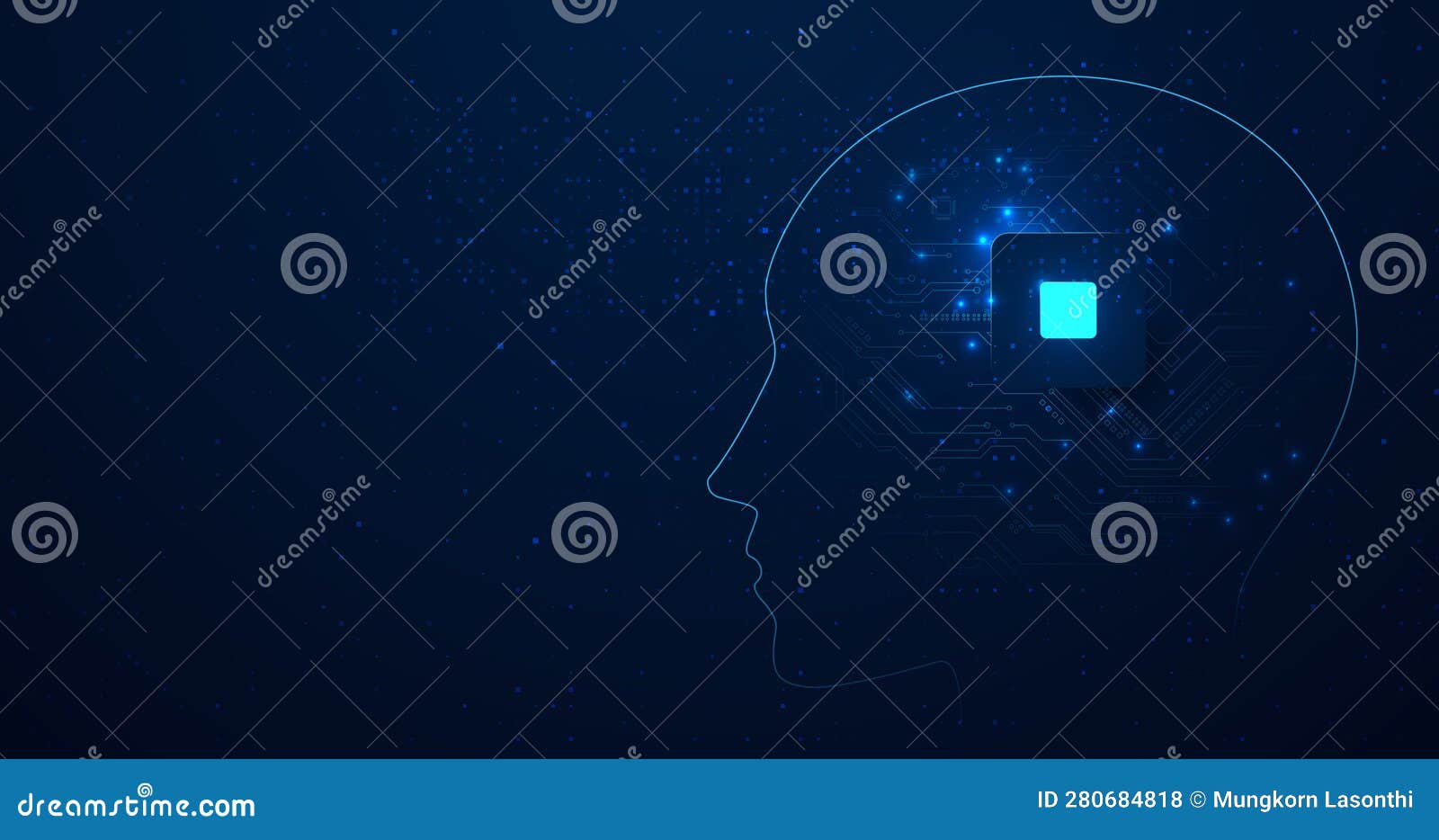 Artificial Intelligence. AI. Human Head with Digital Brain Processing. Futuristic Cyber ...