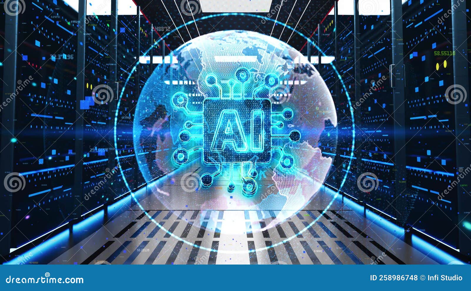 Artificial Intelligence AI Icon Moving through Rack Servers in Data ...