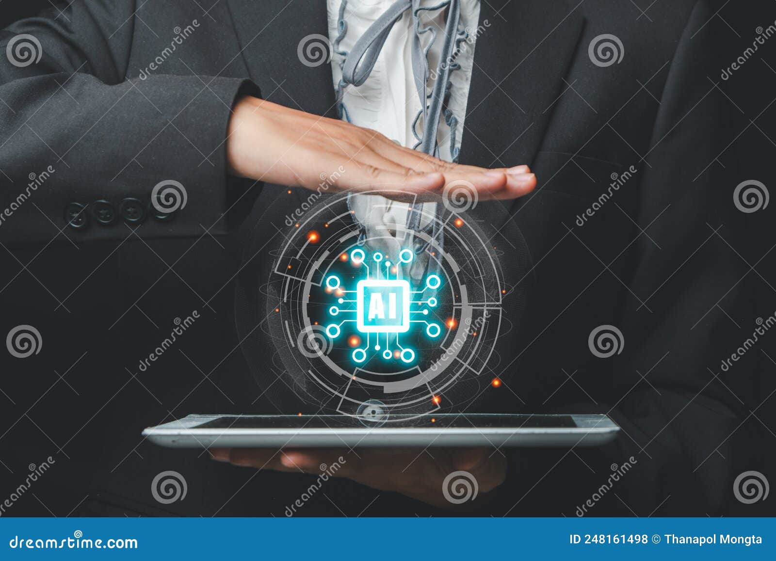 Artificial Intelligence AI, Person Hand Holding Tablet with Holographic ...
