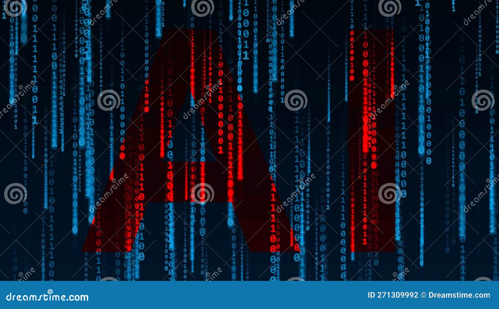 Artificial Intelligence - AI in Red in Blue Rain of Binary Digits on ...